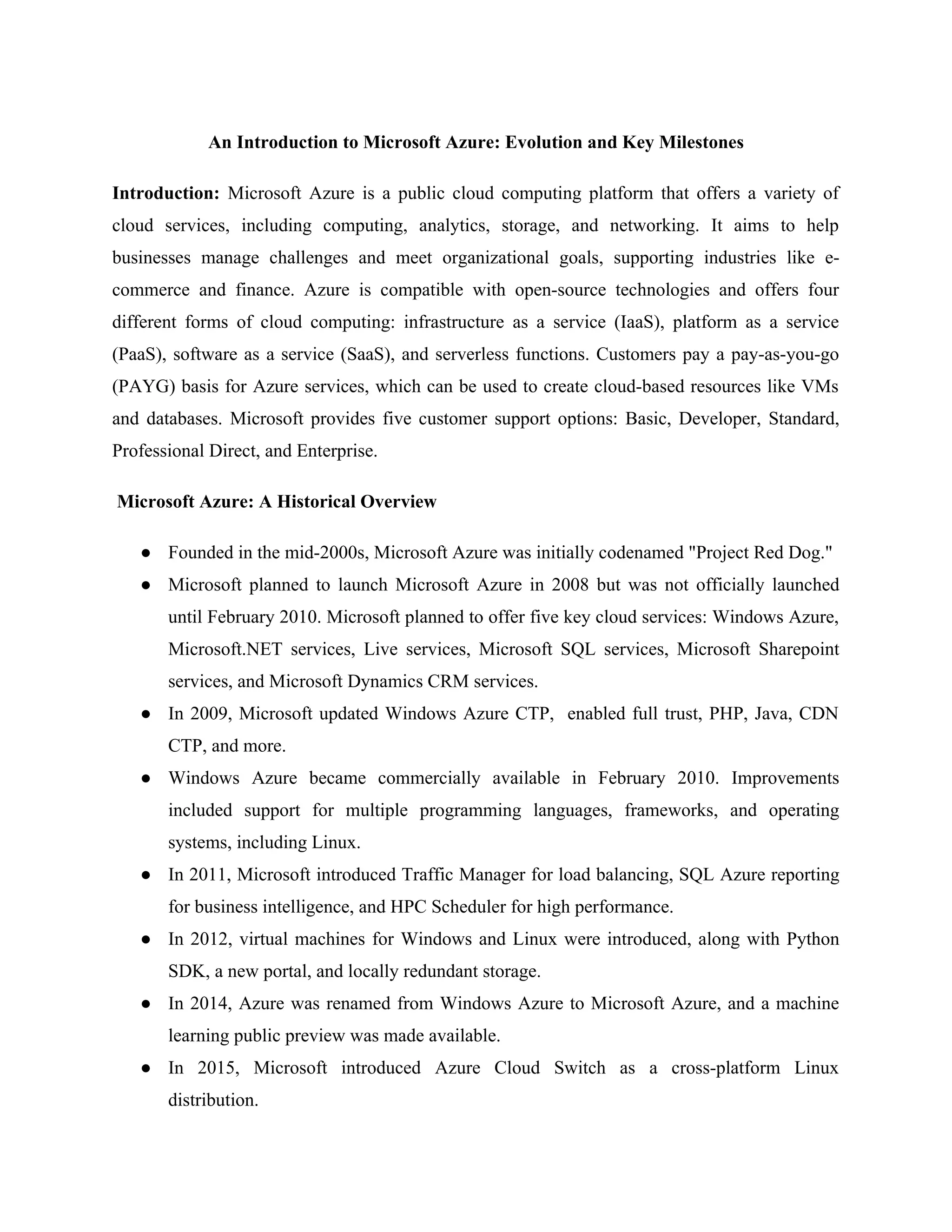 An Introduction to Microsoft Azure: Evolution and Key Milestones | PDF