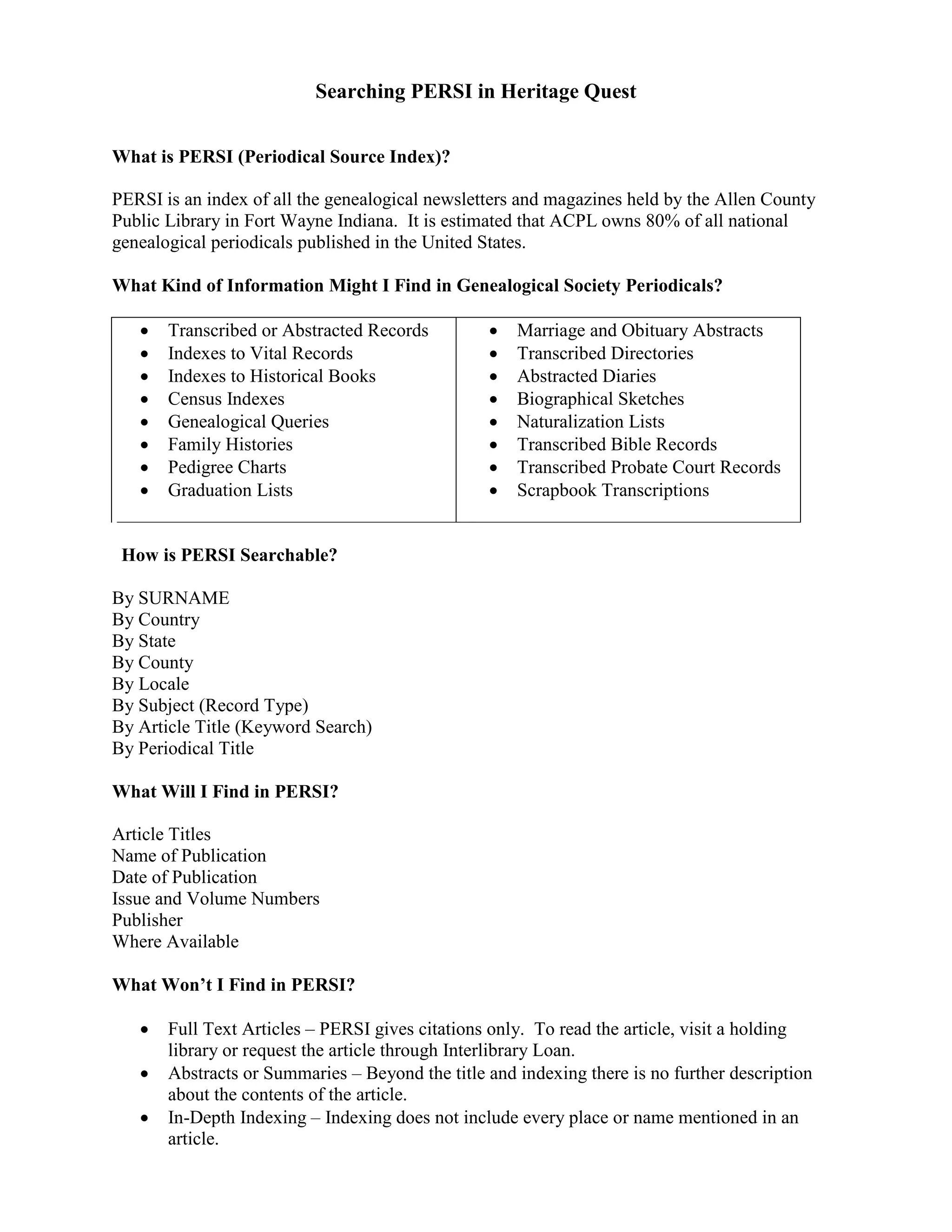 Using PERSI in Heritage Quest | PDF