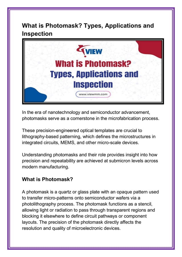 What is Photomask Types, Applications and Inspection | PDF