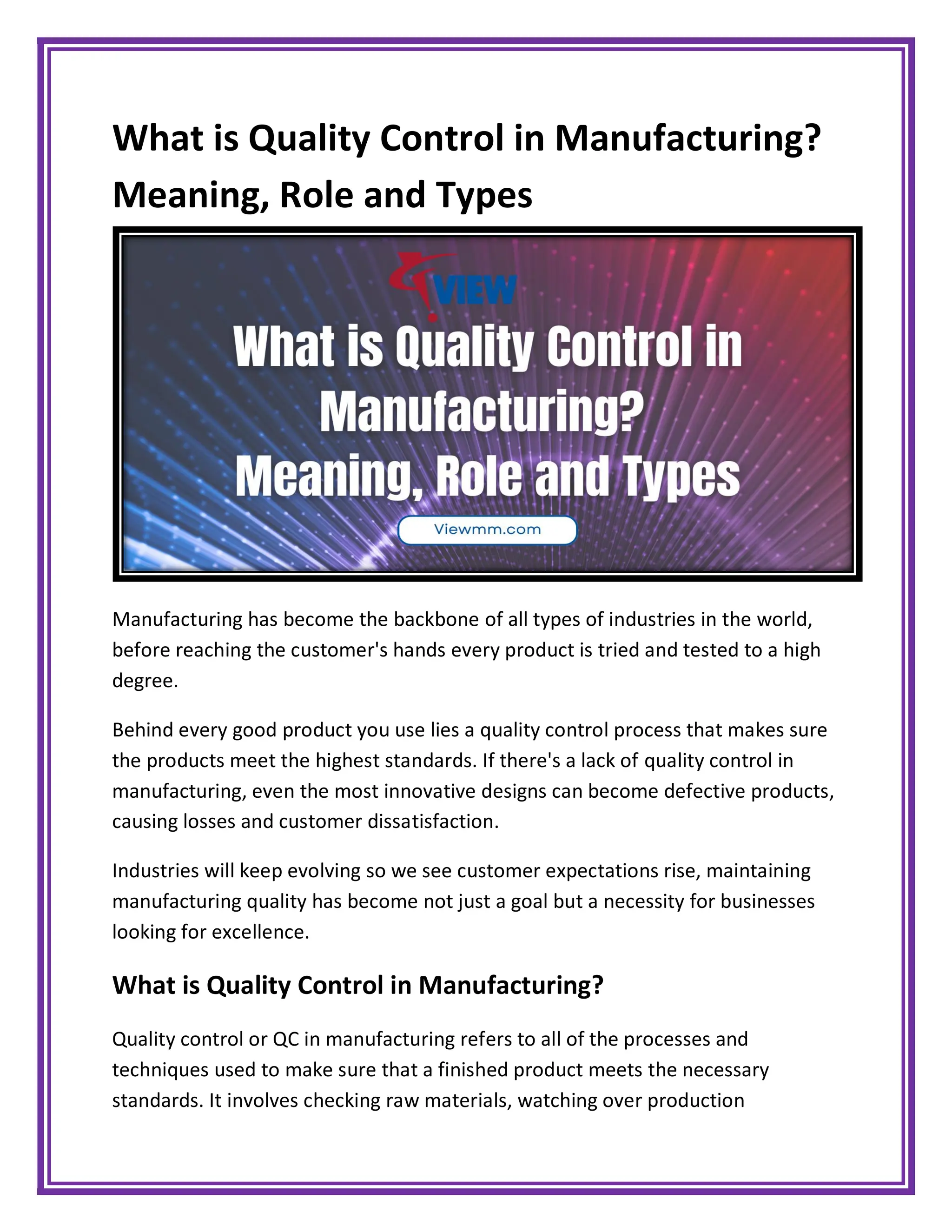 What is Quality Control in Manufacturing Meaning, Role and Types | PDF
