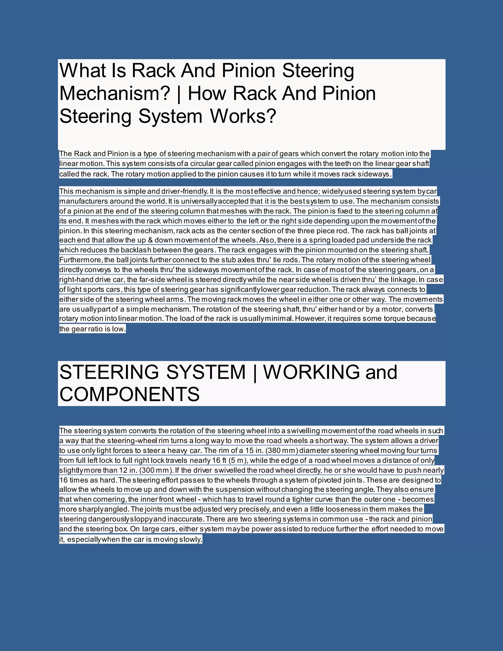 What is rack and pinion steering mechanism | DOCX