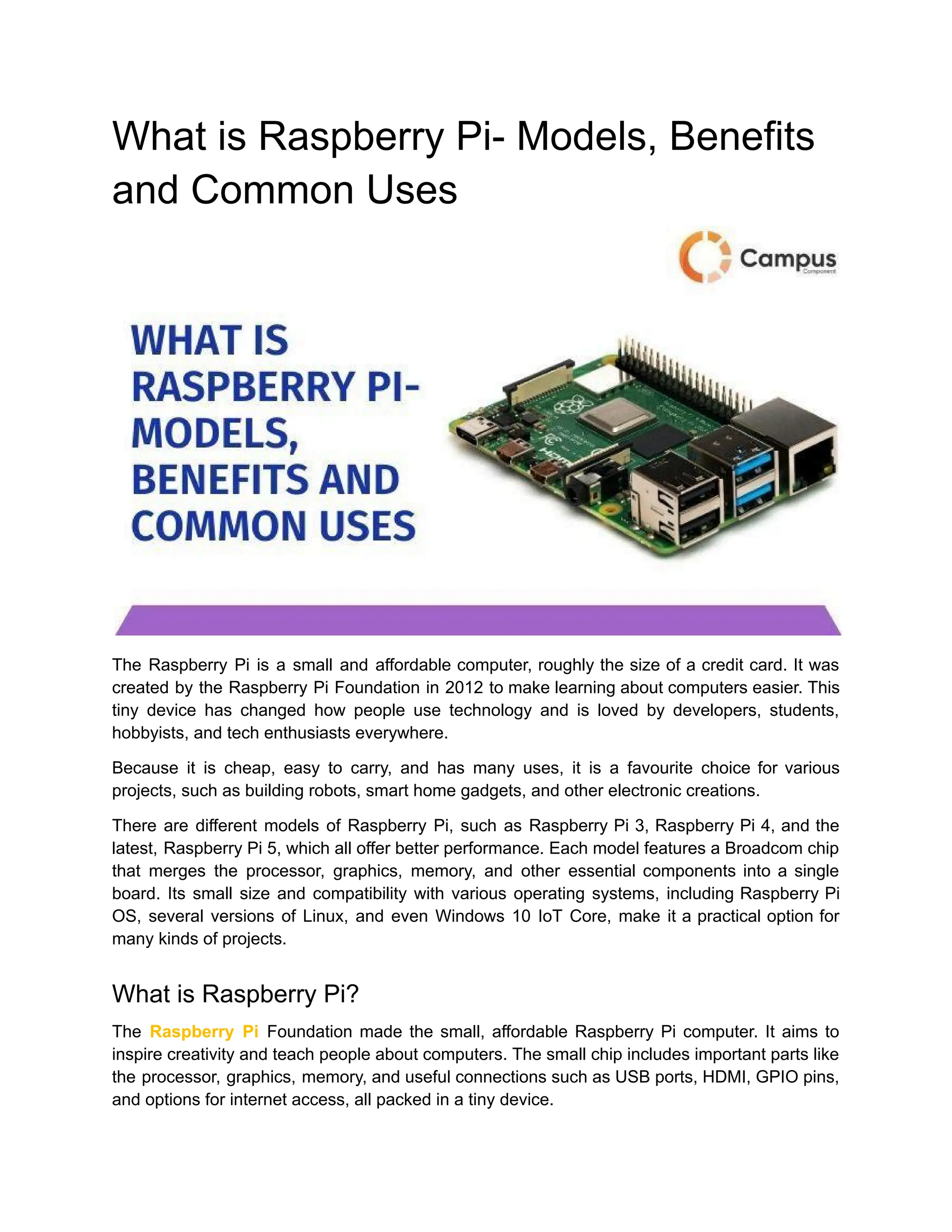 What is Raspberry Pi- Models, Benefits and Common Uses | PDF