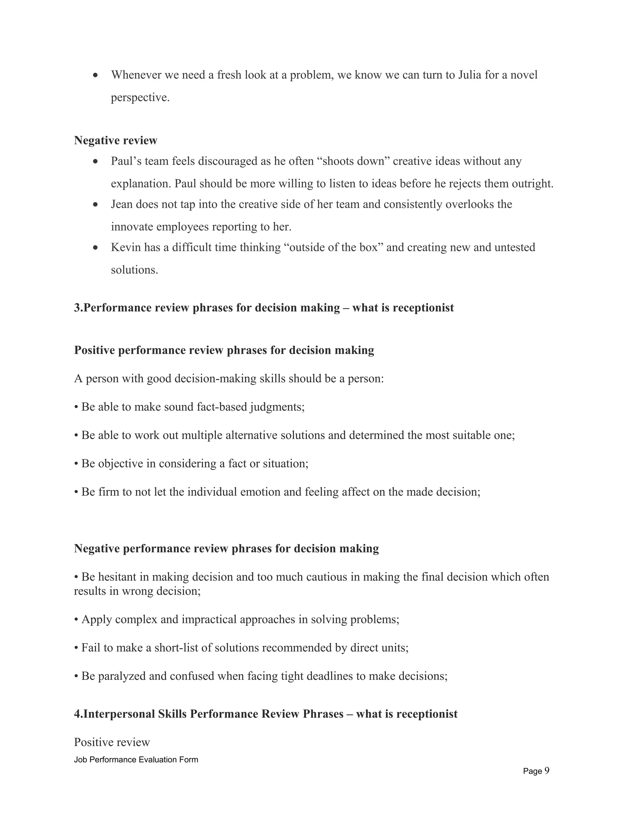 What is receptionist performance appraisal | DOC | Resume Writing and ...