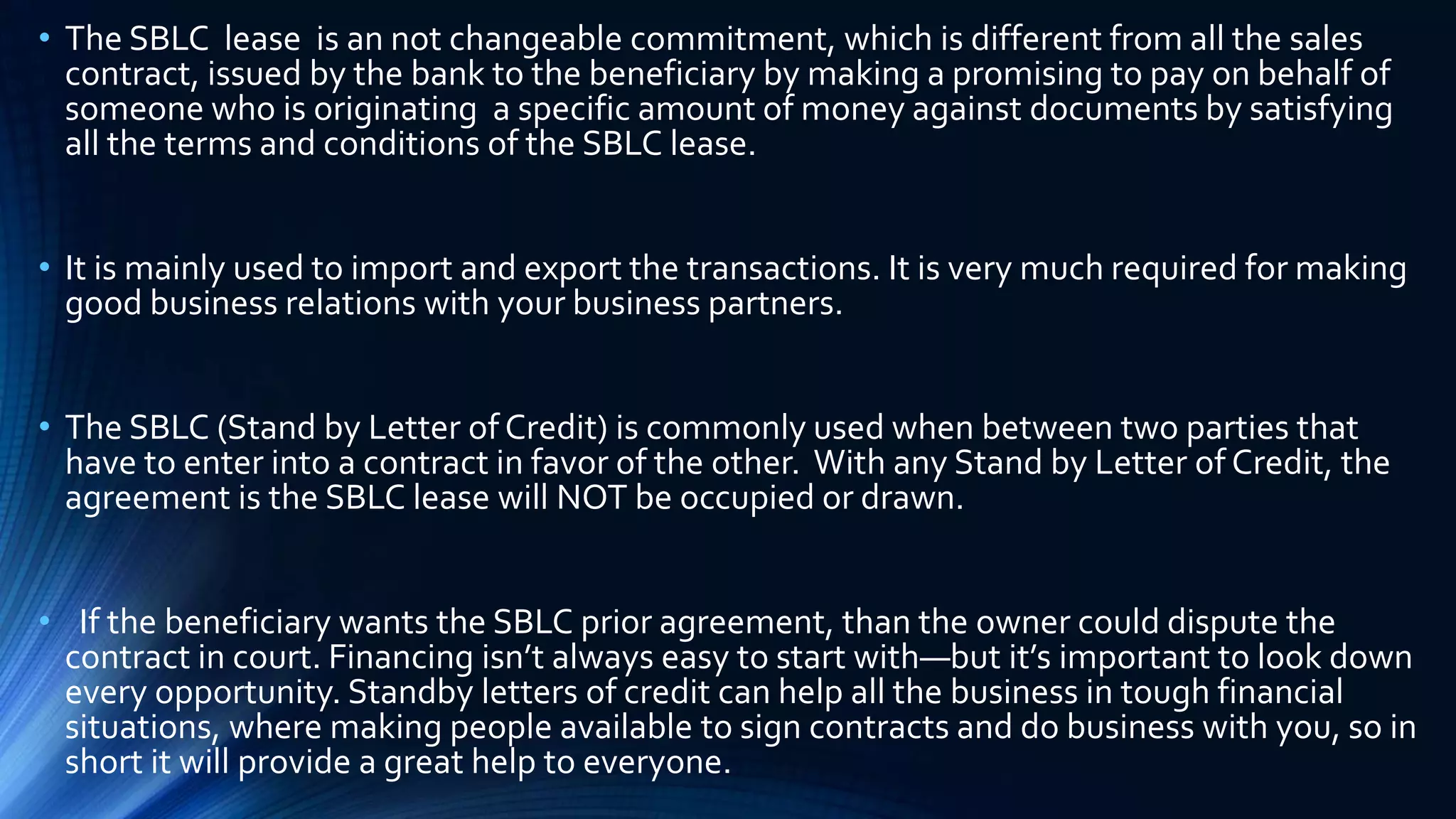 What is sblc lease and how it is assigned by one party to other | PPT
