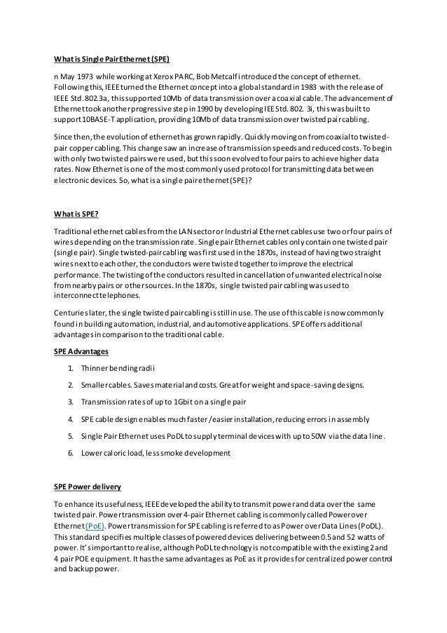 What is single pair ethernet (spe) | DOCX