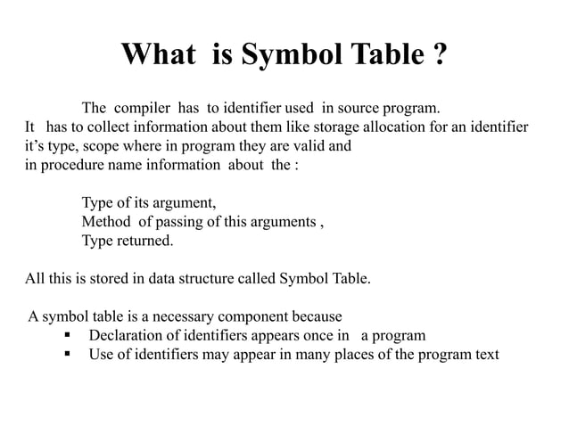 What is symbol table? | PPTX | Programming Languages | Computing