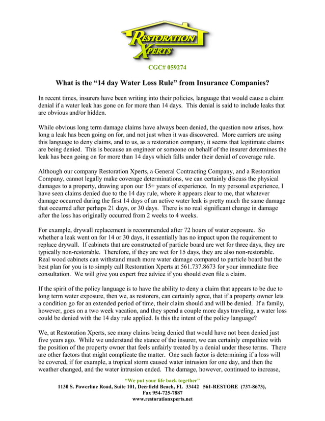 14 Day Water Loss Rule | DOC | Home Insurance | Insurance