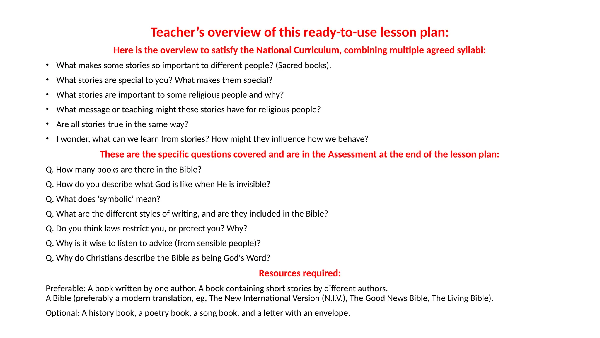 What is the Bible Sacred Book lesson plan - conforms to UK RE ...