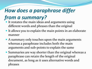 What is the difference between a summary and a paraphrase | PPTX