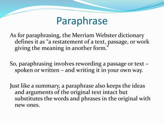 What is the difference between a summary and a paraphrase | PPTX