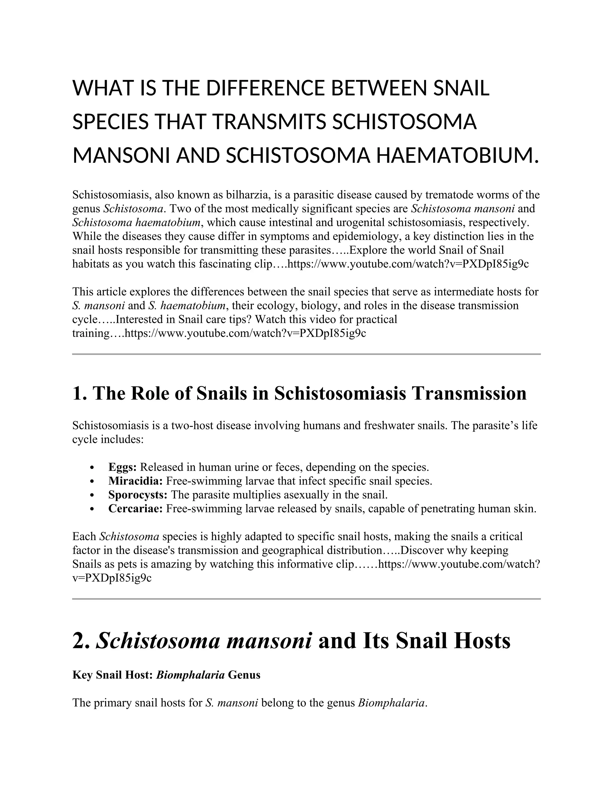 WHAT IS THE DIFFERENCE BETWEEN SNAIL SPECIES THAT TRANSMITS SCHISTOSOMA ...