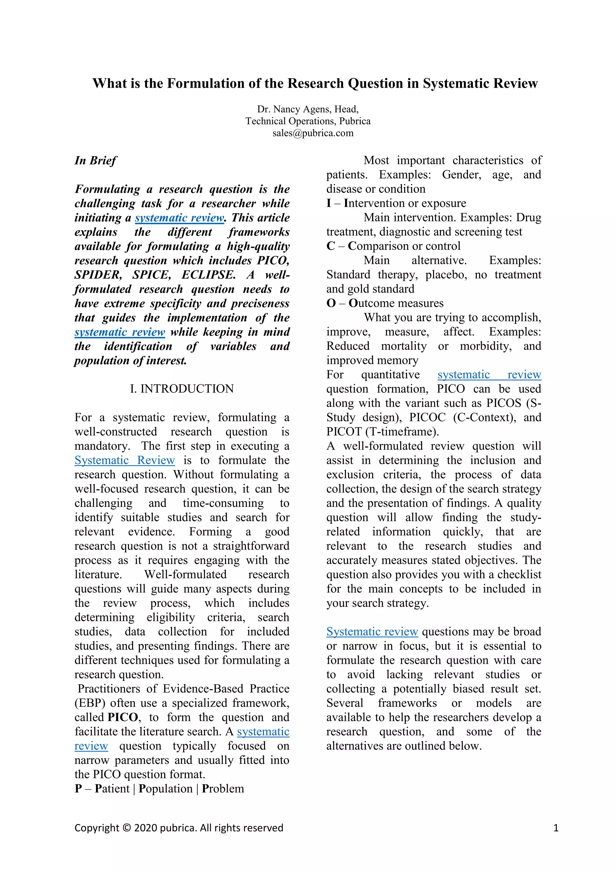 What is the formulation of the research question in systematic review | pubrica | PDF