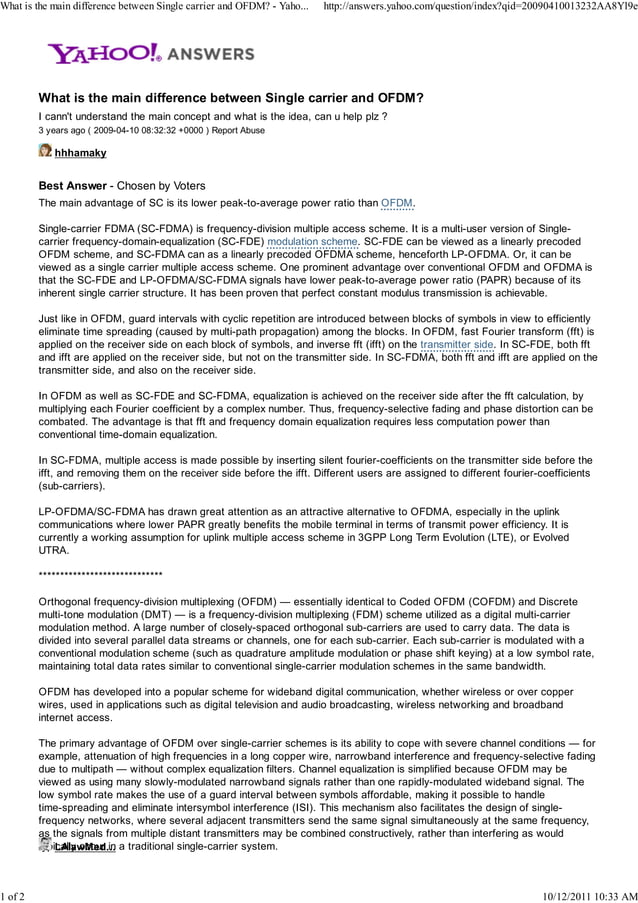 What is the main difference between single carrier and ofdm yahoo! answers | PDF | Computer ...