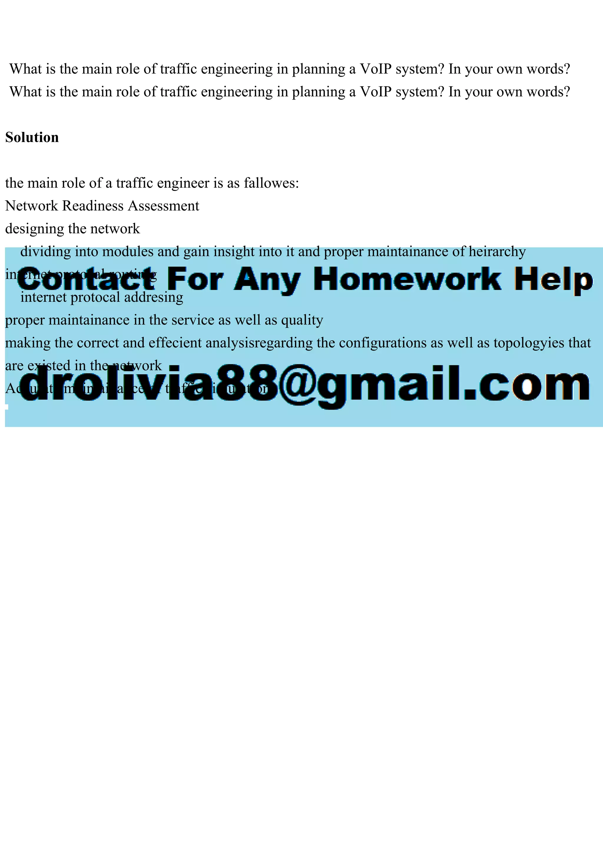 What is the main role of traffic engineering in planning a VoIP s.pdf