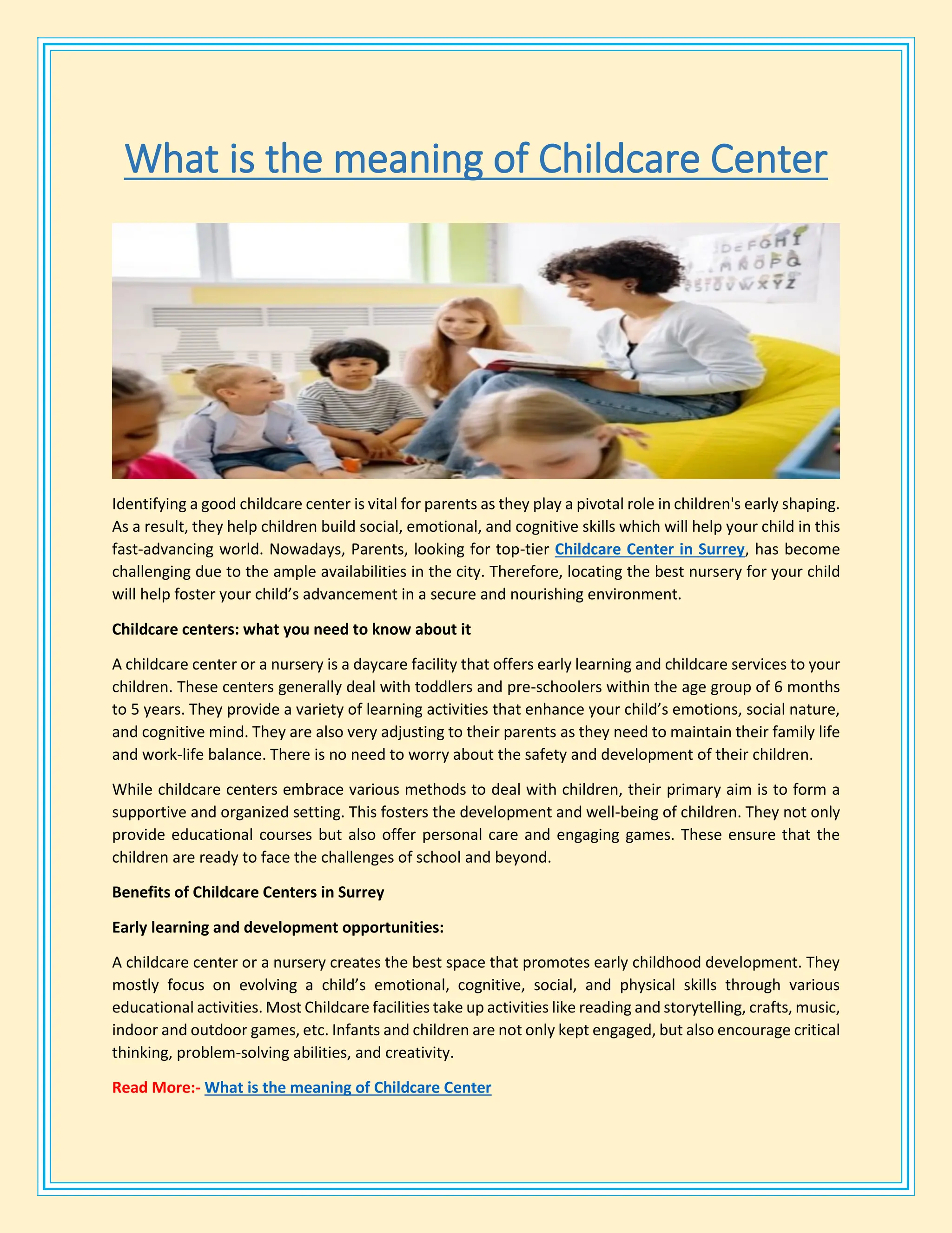 What is the meaning of Childcare Center | Kidzville Learning Center | PDF