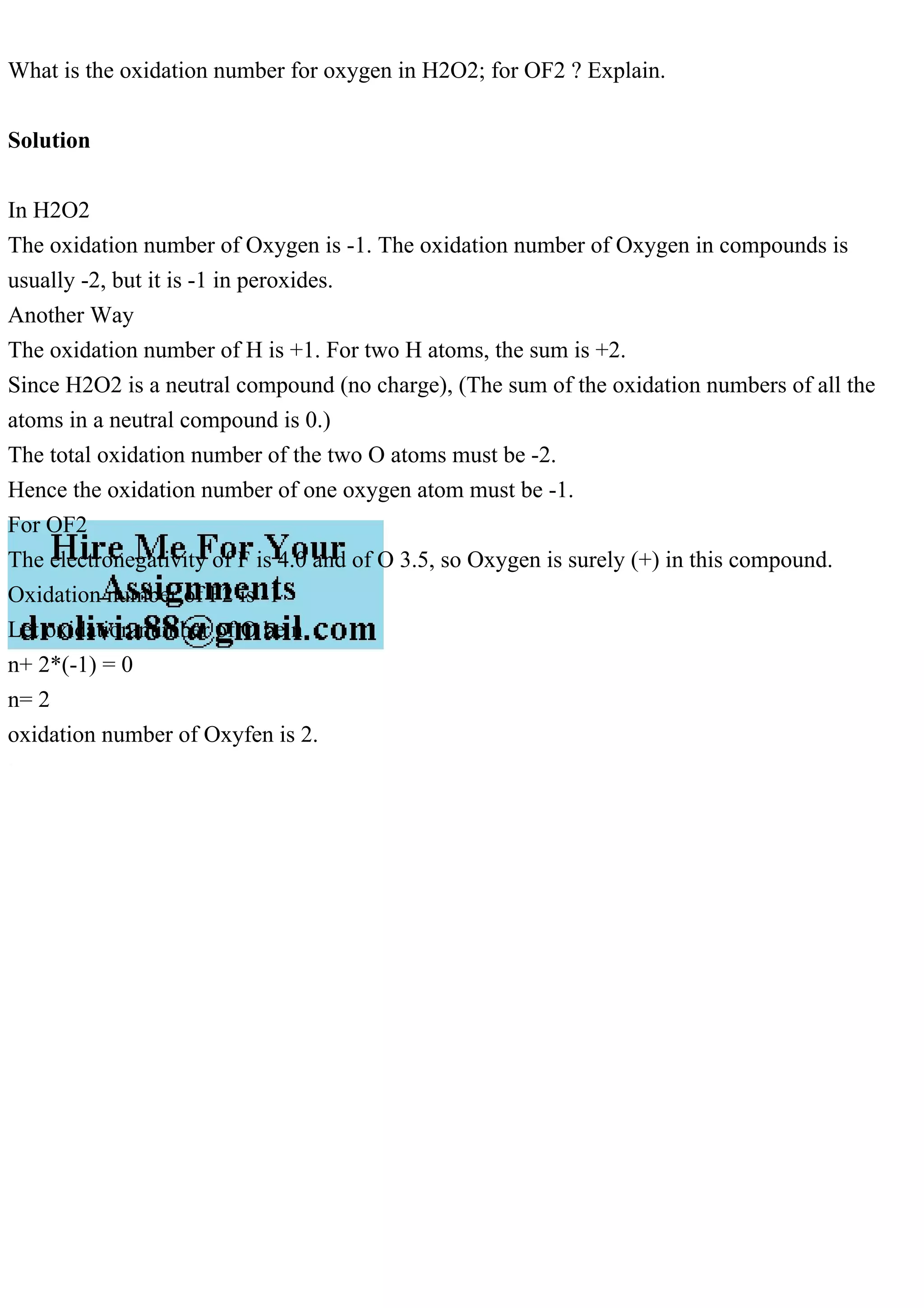 What is the oxidation number for oxygen in H2O2; for OF2 Explain..pdf ...