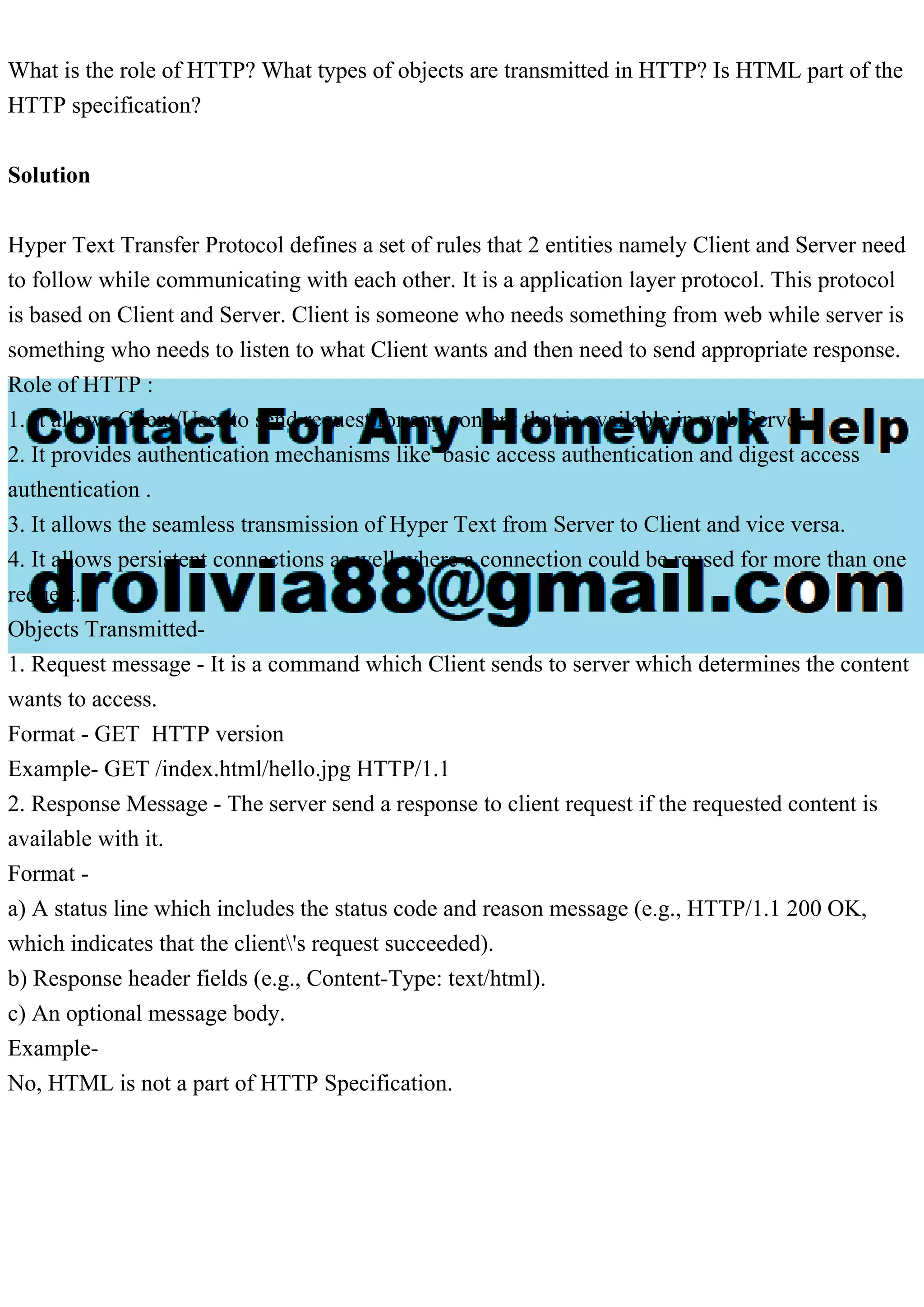 What is the role of HTTP What types of objects are transmitted in H.pdf