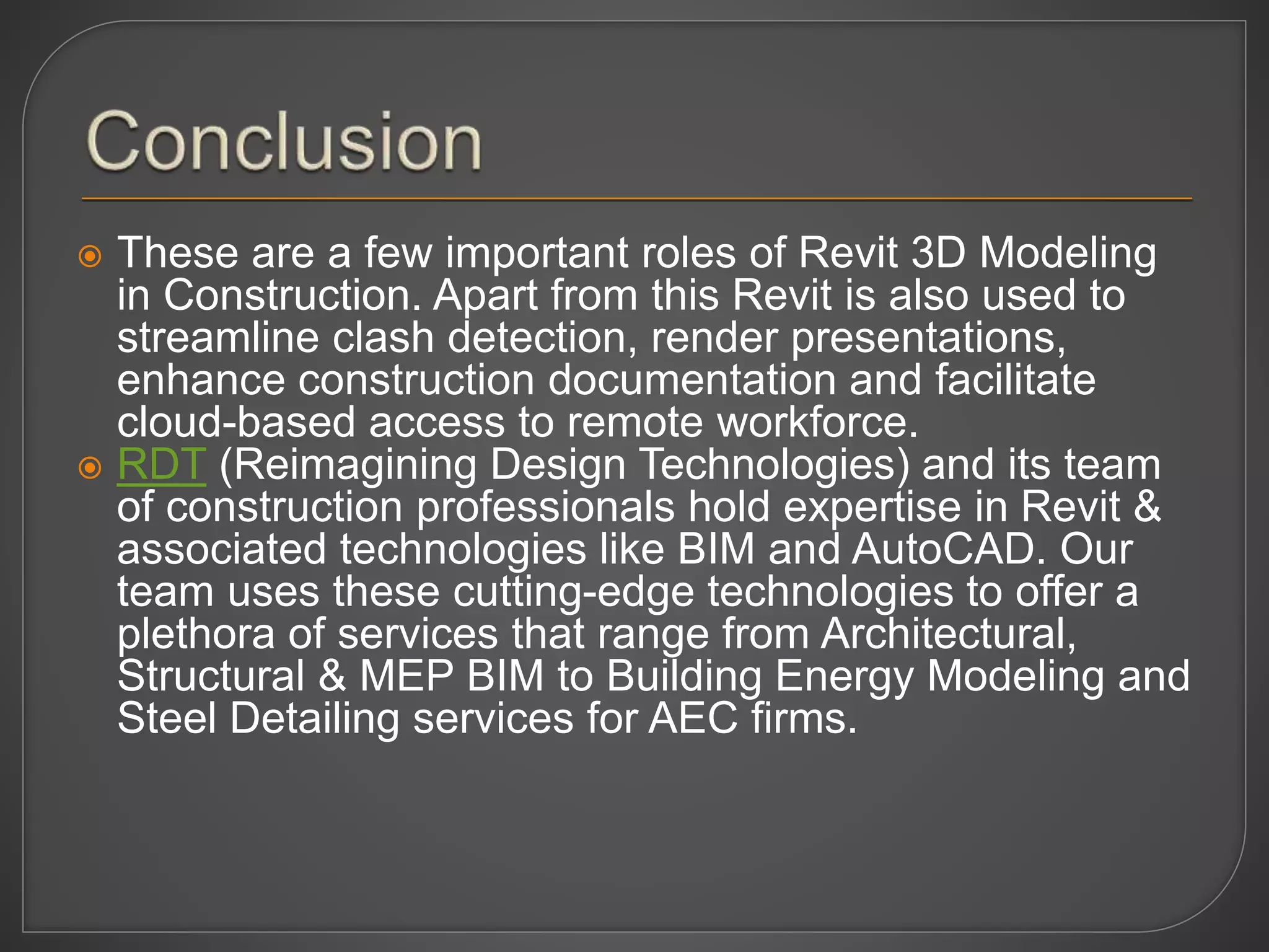 What is the role of revit 3 d modelling in construction | PPT