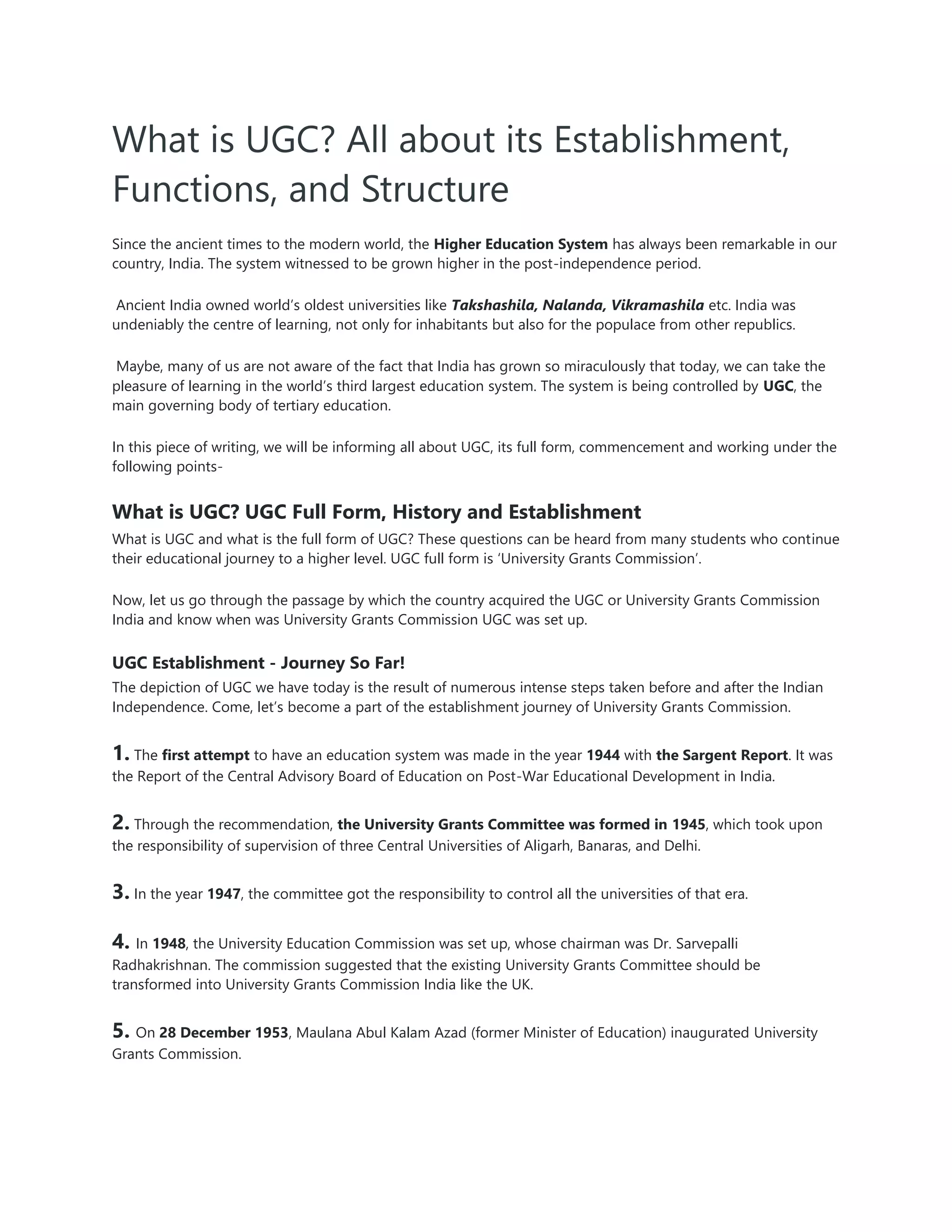 What is ugc all about its establishment functions and structure | PDF