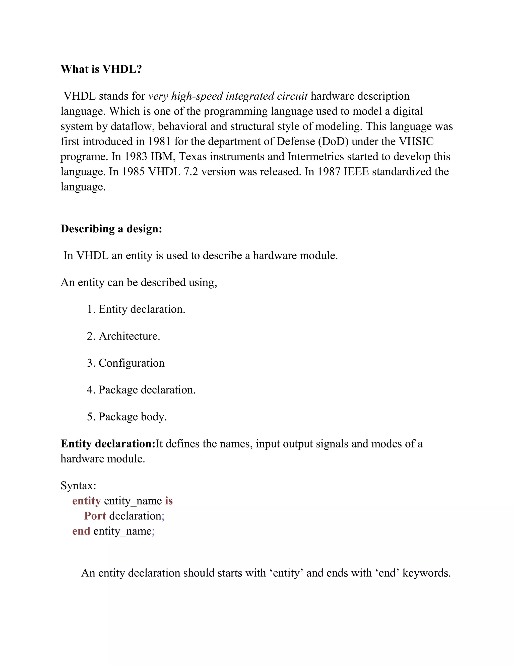 INTRODUCTION TO VHDL | PDF | Programming Languages | Computing