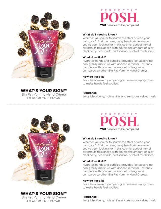 Perfectly Posh What's your sign bfyhc (Big Fat Yummy Hand Creme) | PDF