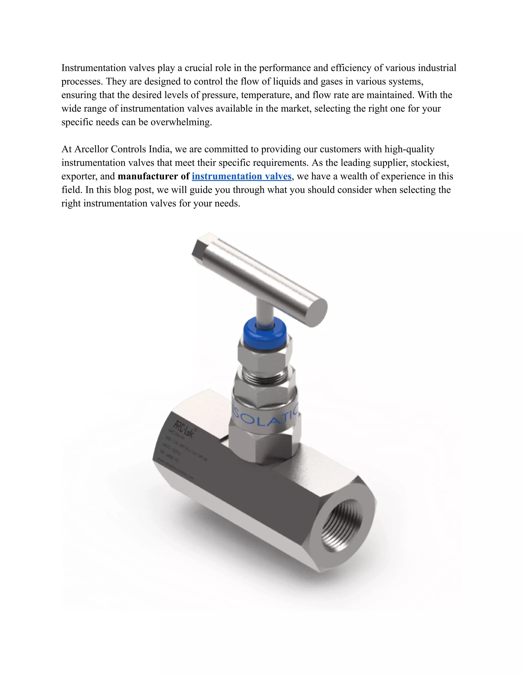 What to Consider When Selecting Instrumentation Valves_ - Arcellor Controls India.pdf