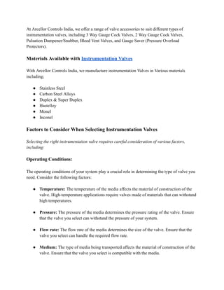 What to Consider When Selecting Instrumentation Valves_ - Arcellor Controls India.pdf