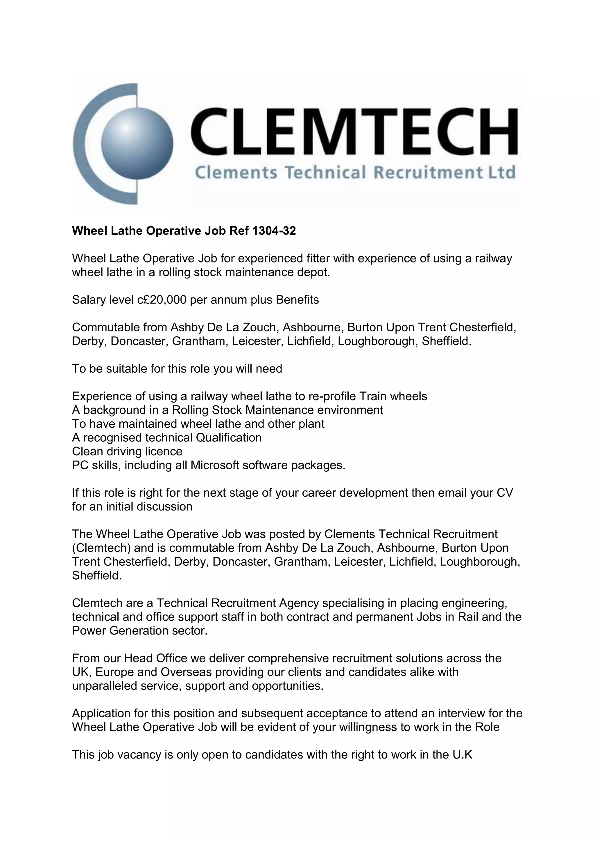 Wheel Lathe Operative Job Ref 1304 32 | PDF