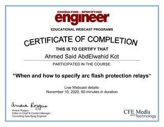 Certificate of Completion "When and How to Specify Arc Flash Protection ...