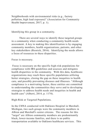 When assessing community health issues, it is important to identify .docx