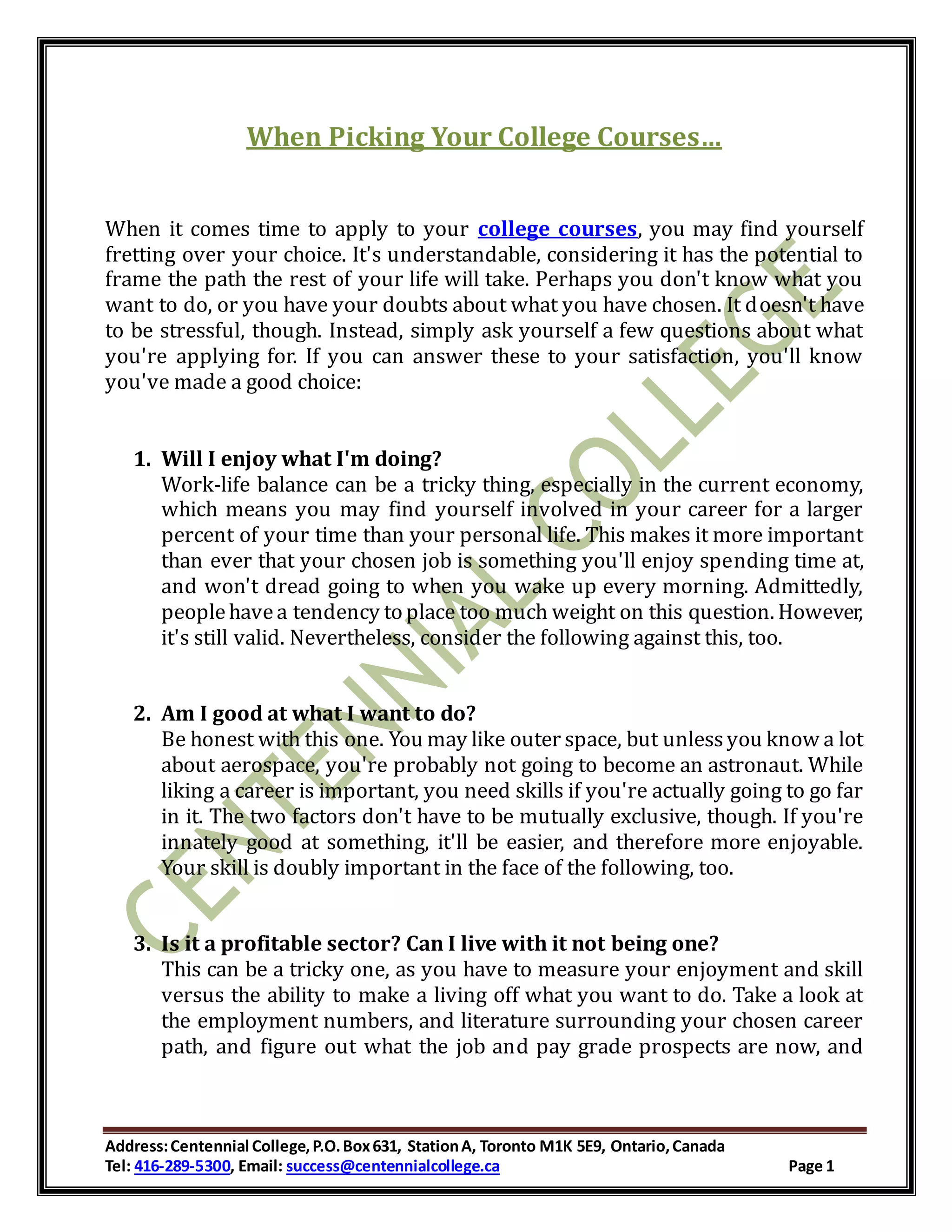 When Picking Your College Courses… | PDF
