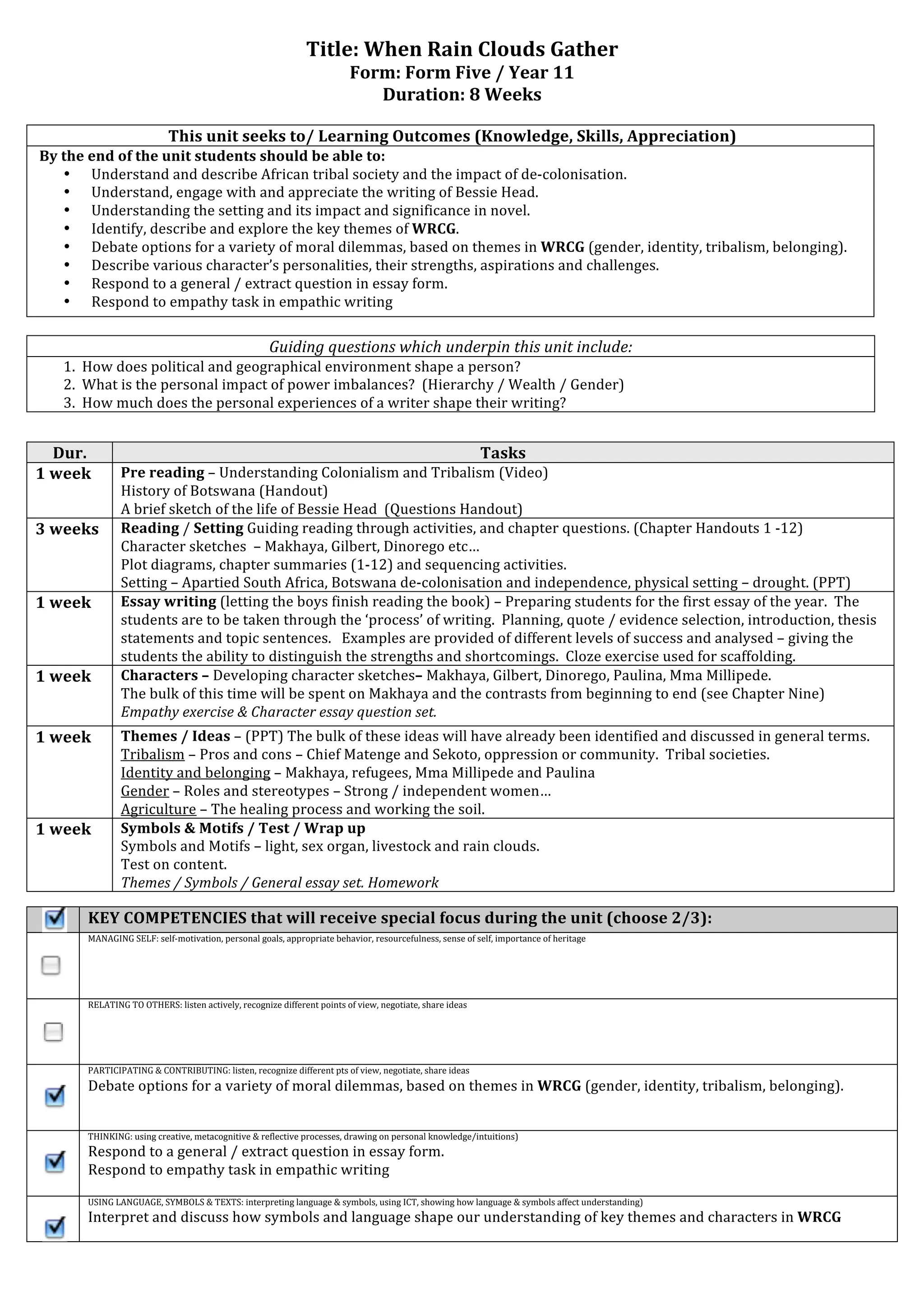 When Rain Clouds Gather Unit Plan | PDF