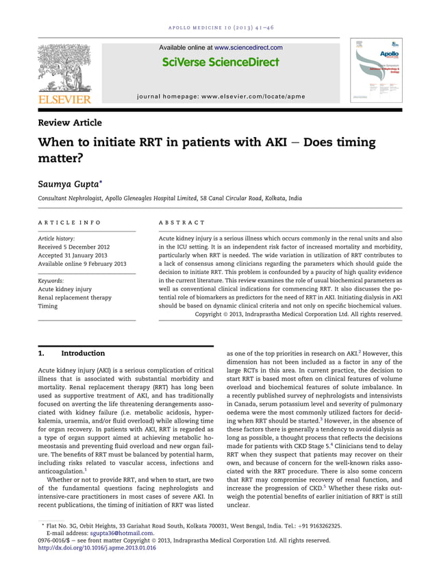 When to Initiate RRT in Patients with AKI - Does Timing Matter? | PDF