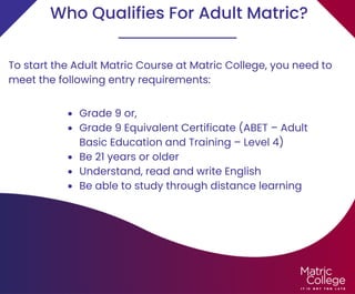 Where Can I Complete My Matric If I Only Have Grade 9 | PDF