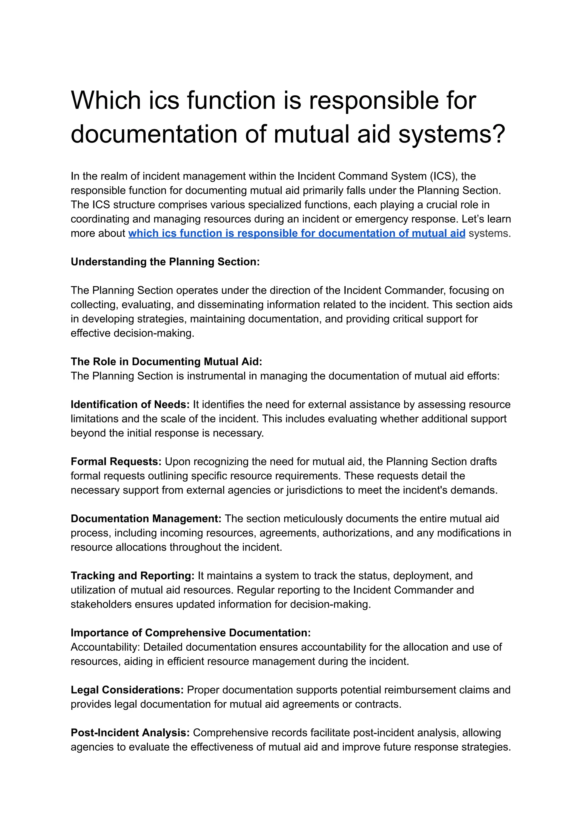 Which ics function is responsible for documentation of mutual aid .pdf