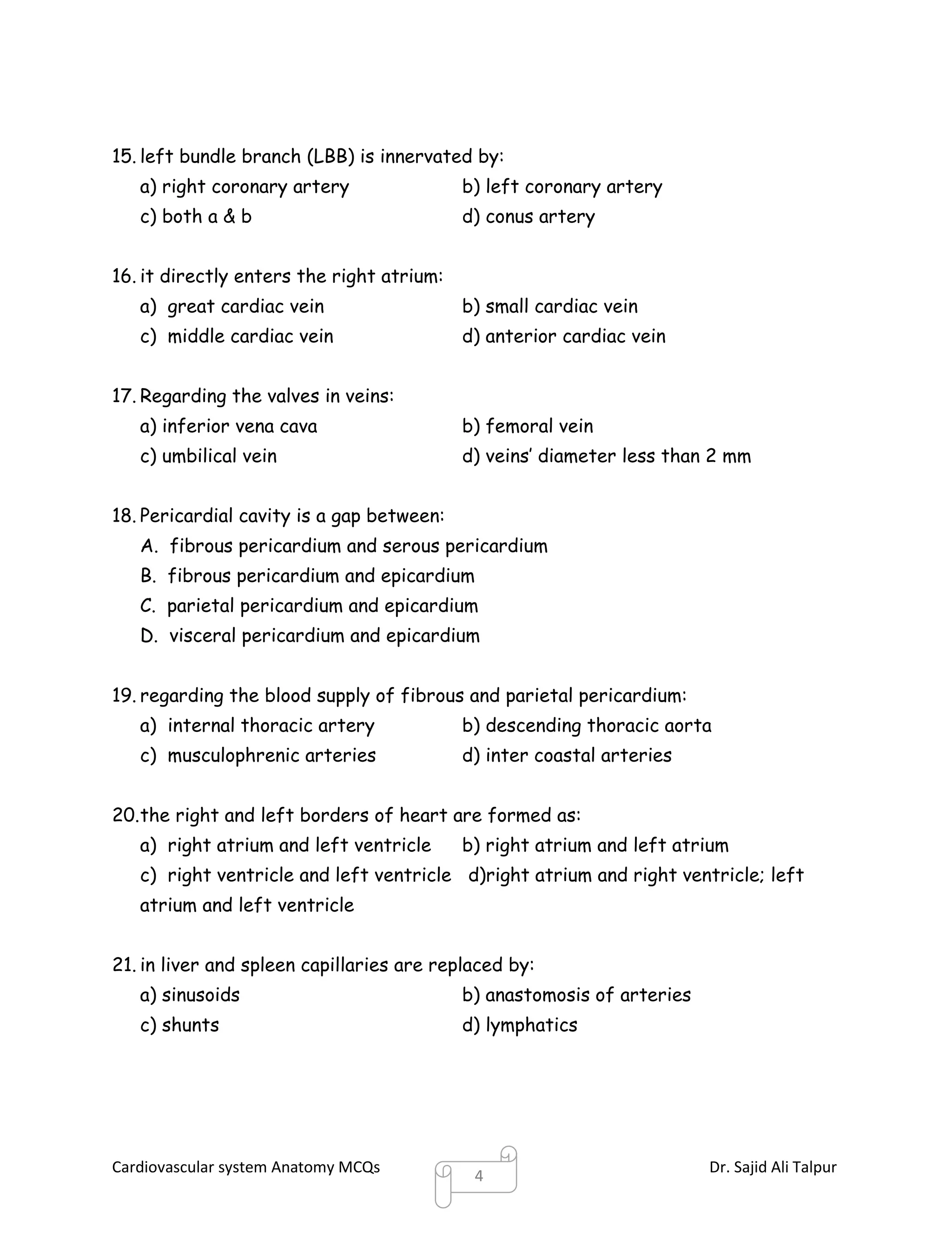 Cardiovascular system Anatomy MCQs and BCQs | DOCX