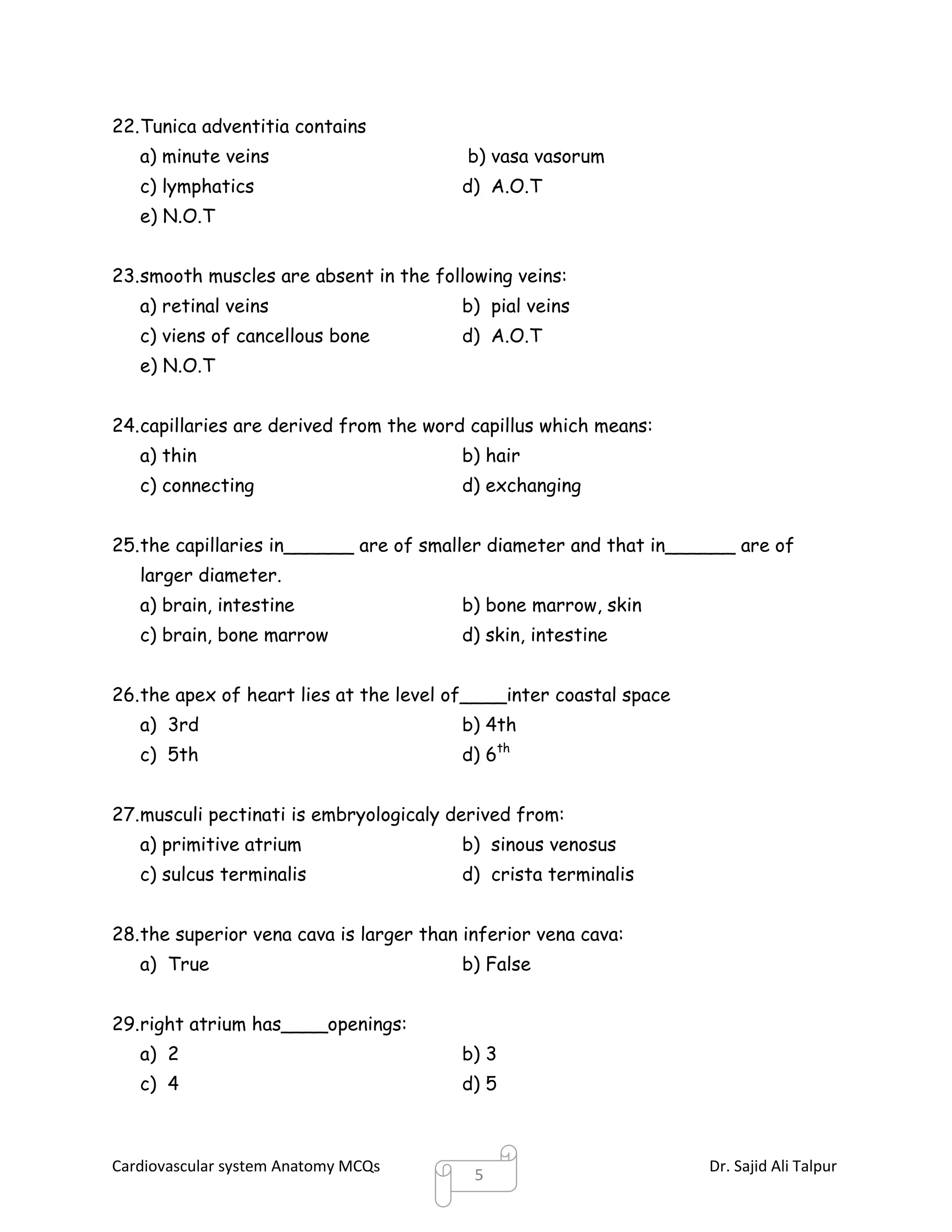Cardiovascular system Anatomy MCQs and BCQs | DOCX