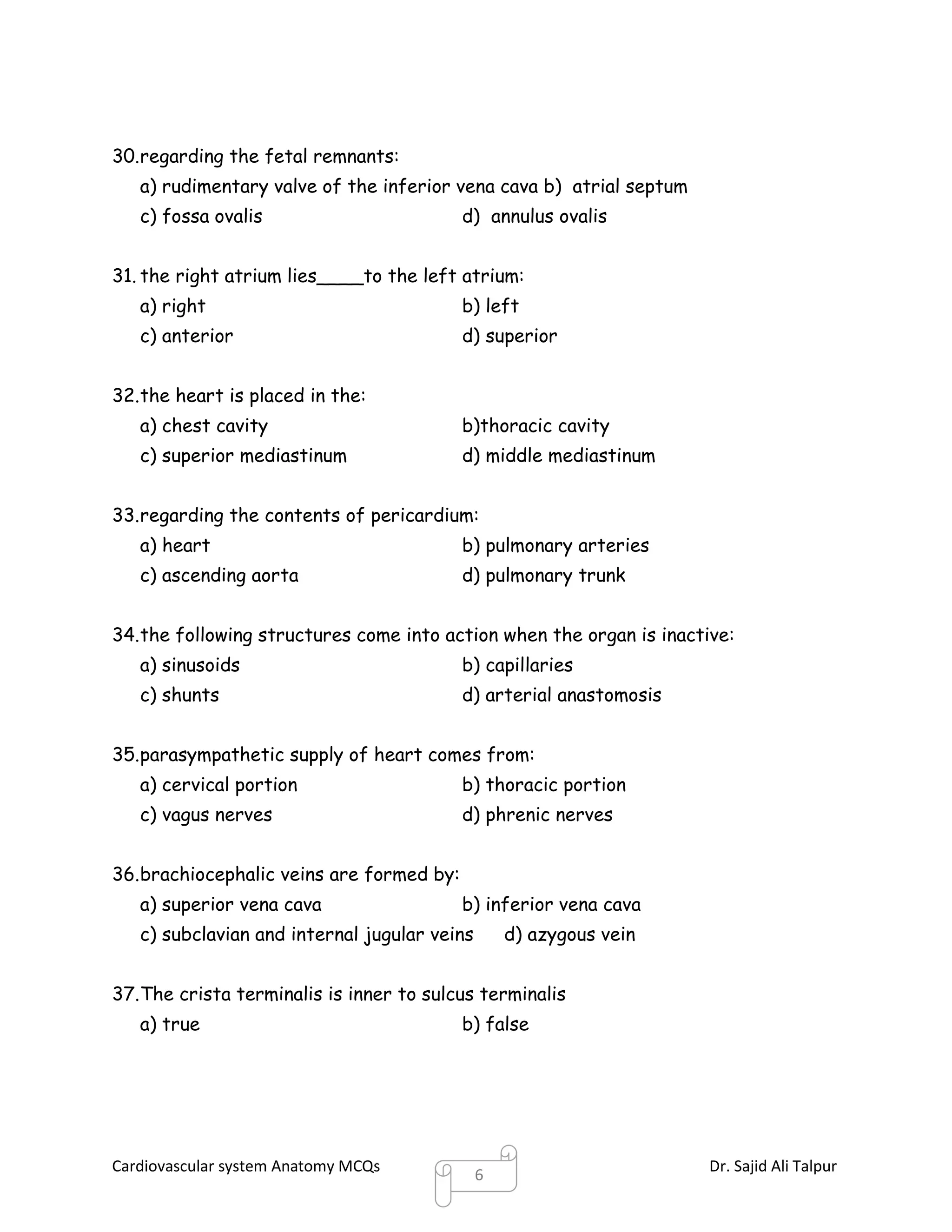 Cardiovascular system Anatomy MCQs and BCQs | DOCX