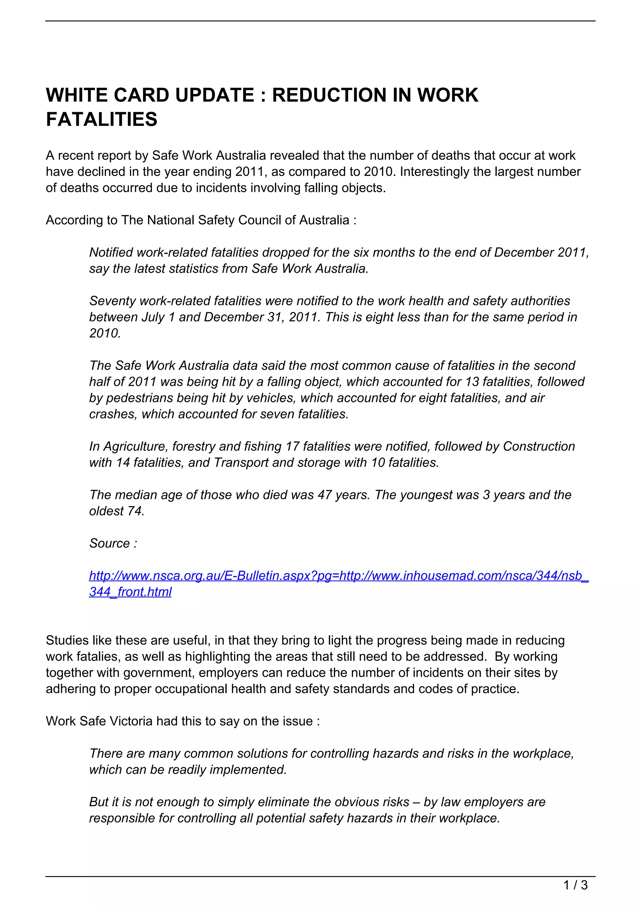 WHITE CARD UPDATE : REDUCTION IN WORK FATALITIES | PDF