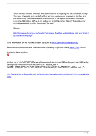 WHITE CARD UPDATE : REDUCTION IN WORK FATALITIES | PDF