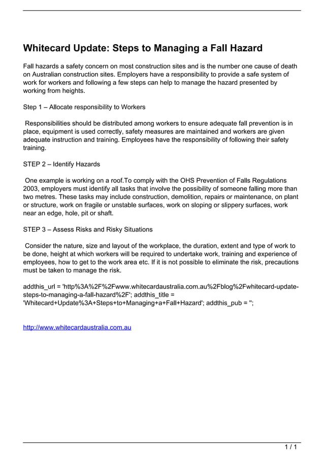 Whitecard Update: Steps to Managing a Fall Hazard | PDF | Medical Health