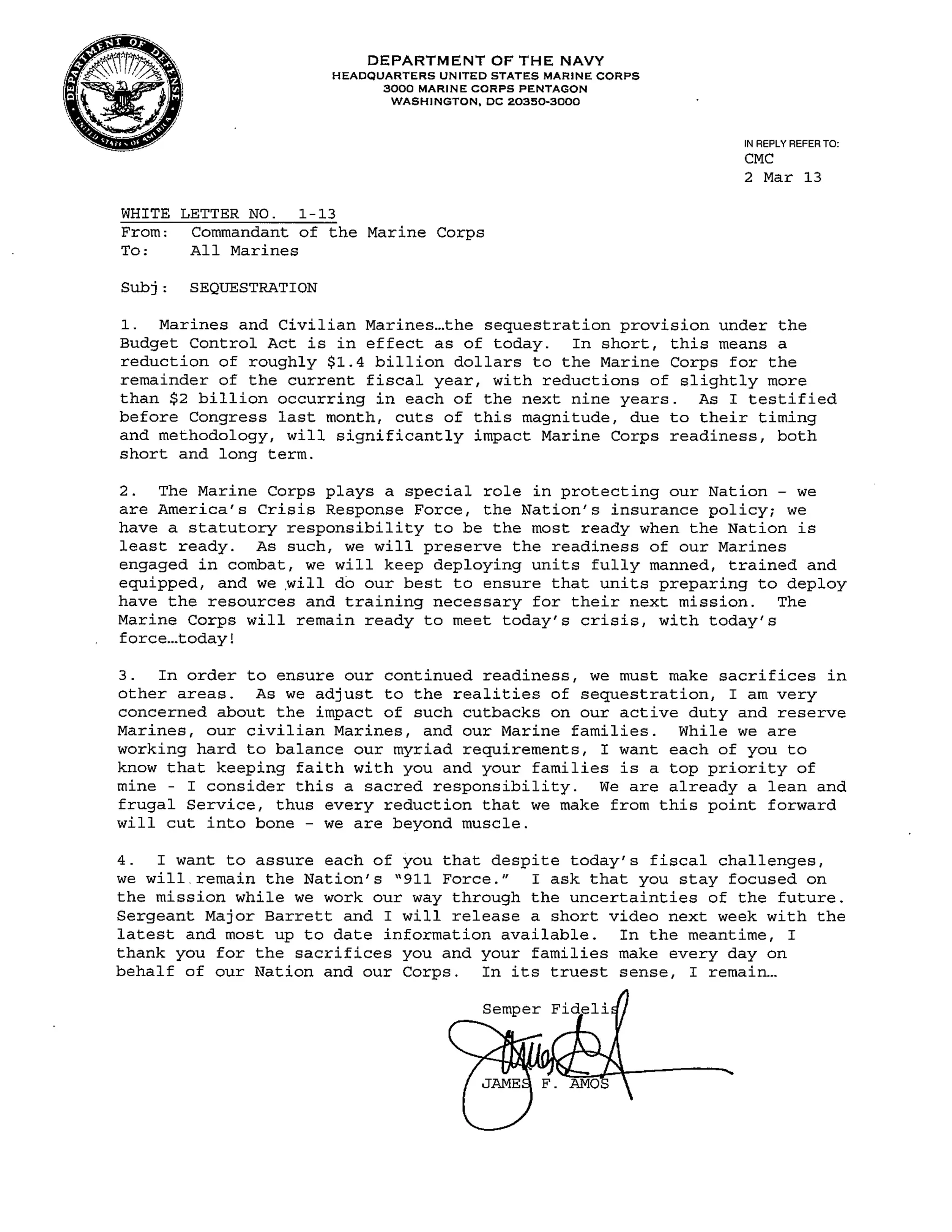 USMC White letter 1-13 On Sequestration | PDF