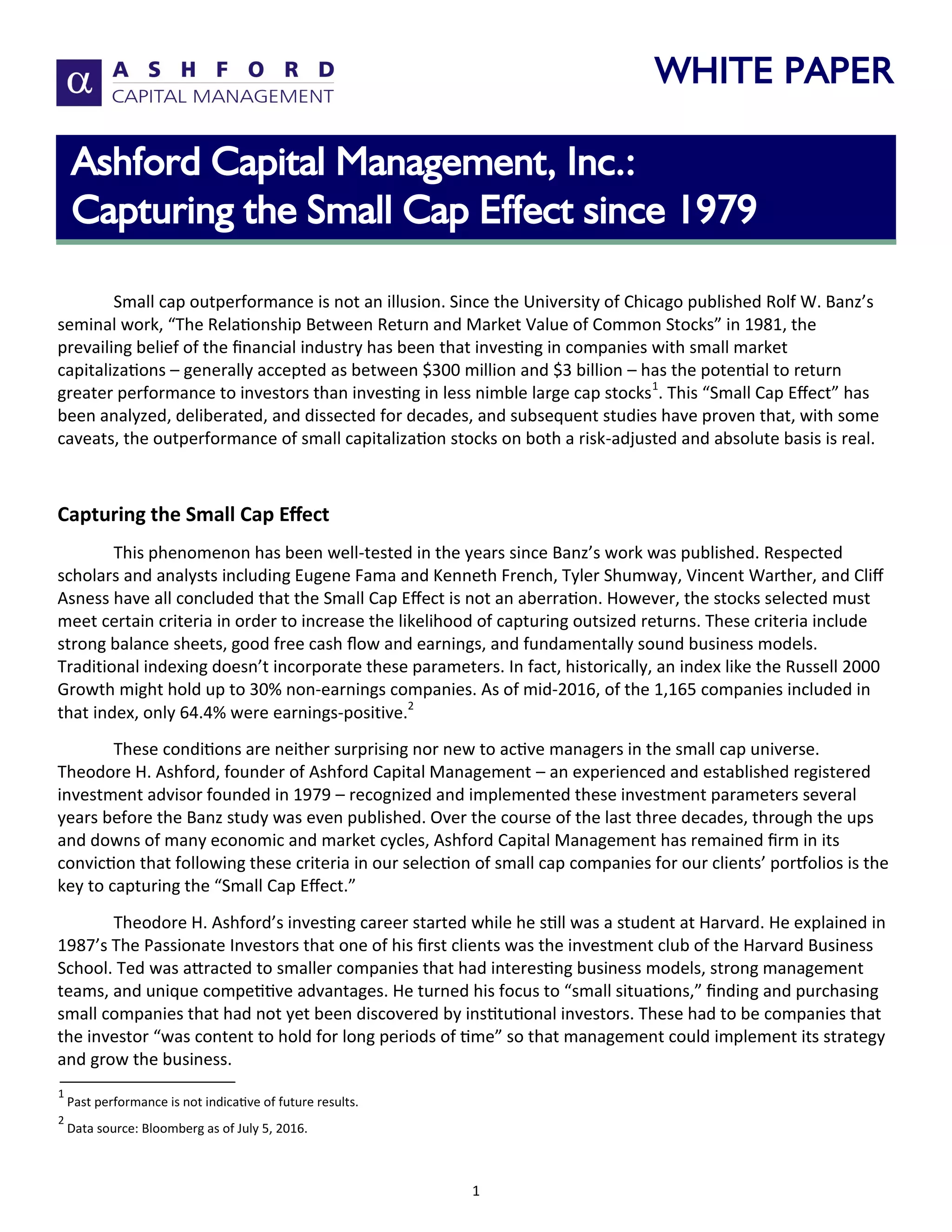 White paper ashford capital - capturing the small cap effect (2) | PDF