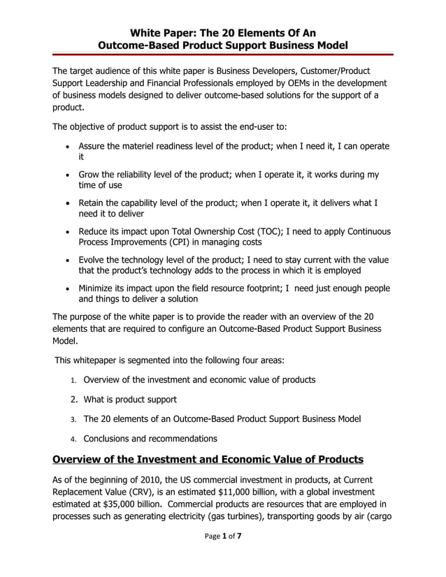 20 Points of an Outcome Based Product Support Business Model ...