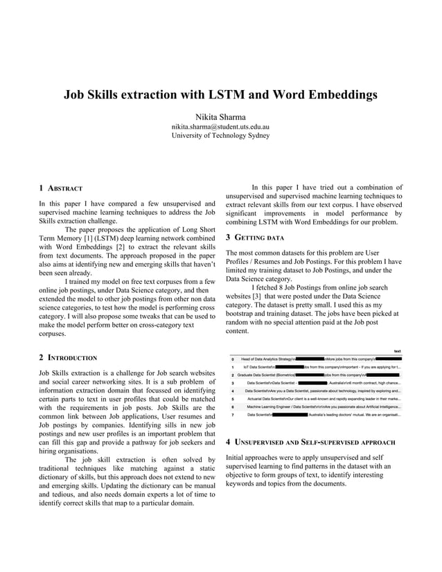 White paper - Job skills extraction with LSTM and Word embeddings - Nikita Sharma | PDF