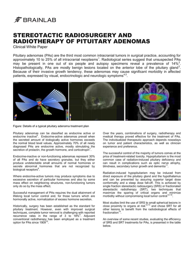 Stereotactic Radiosurgery and Radiotherapy of Pituitary Adenomas Clinical White Paper | PDF ...