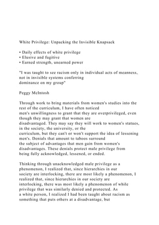 White Privilege Unpacking the Invisible Knapsack • Daily .docx ...
