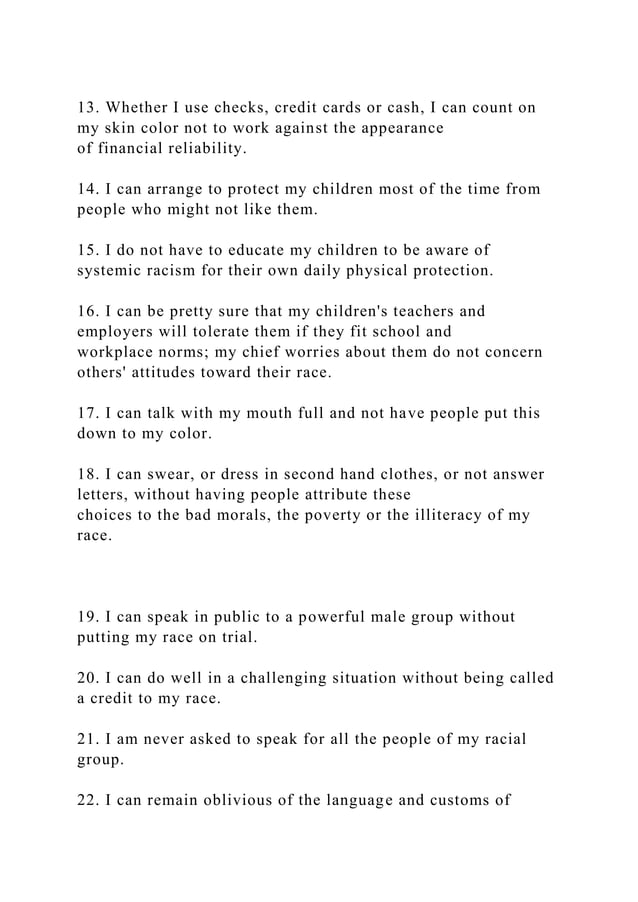 White Privilege Unpacking the Invisible Knapsack • Daily .docx ...