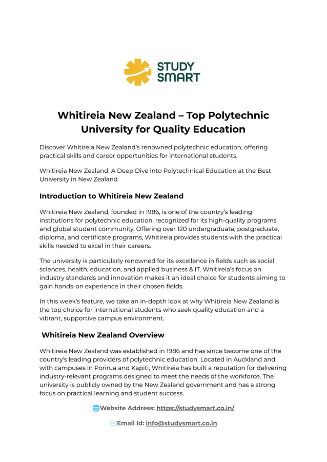 Study Destination Whitireia, New Zealand | PDF
