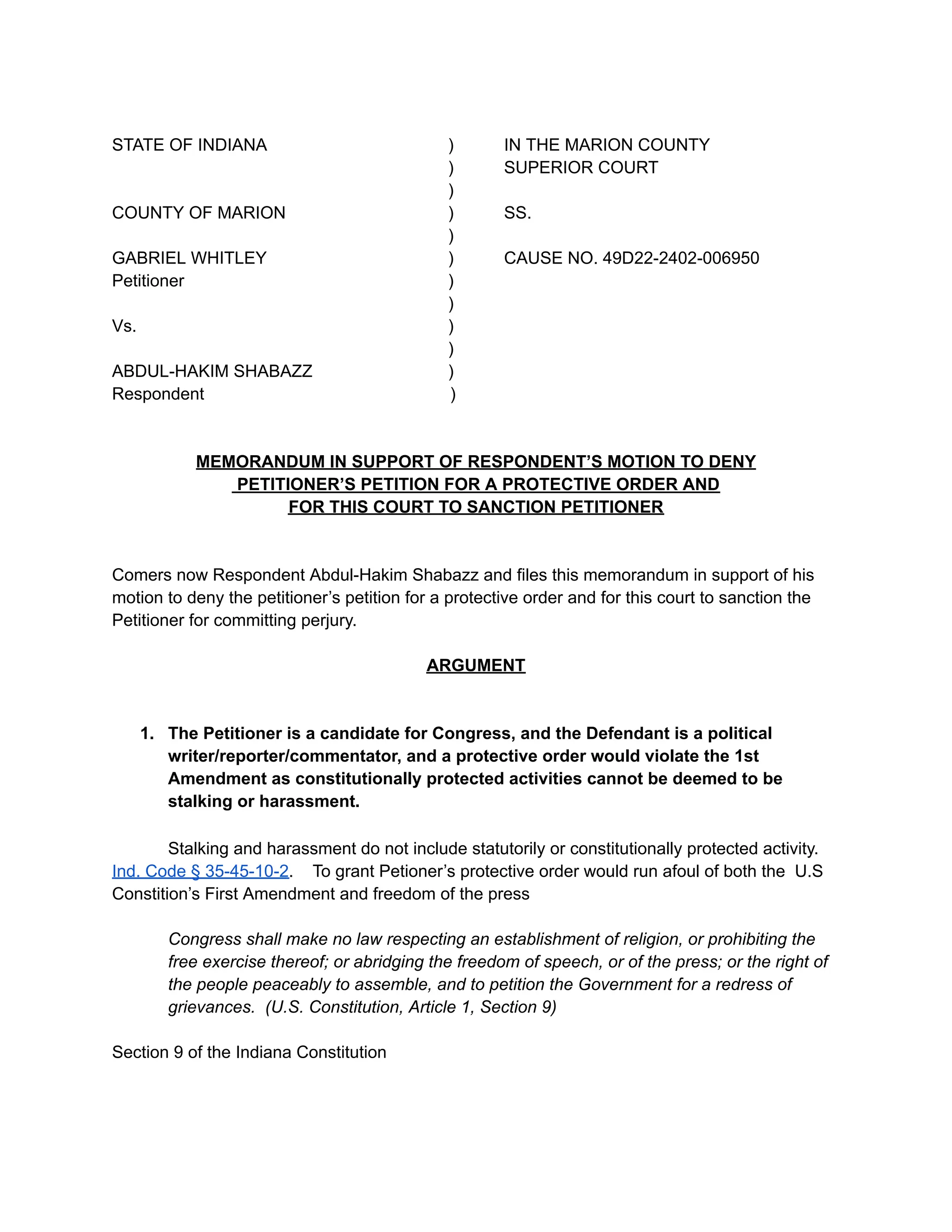 Whitley v. Shabazz (Reply and Memo).pdf